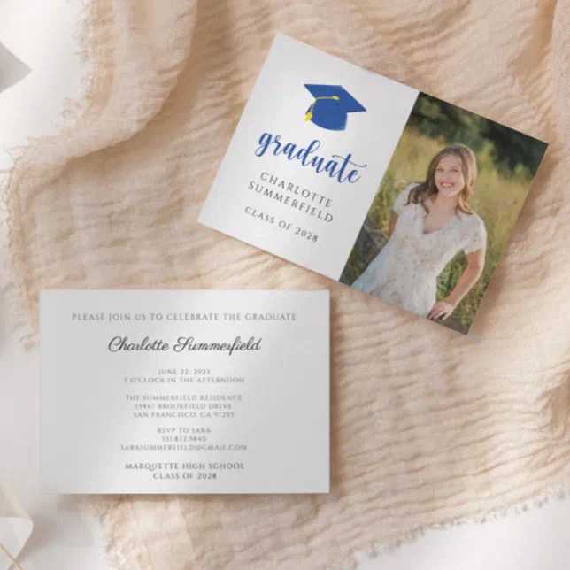 Simple Blue Gold Graduation Cap Tassel Invitation | Zazzle