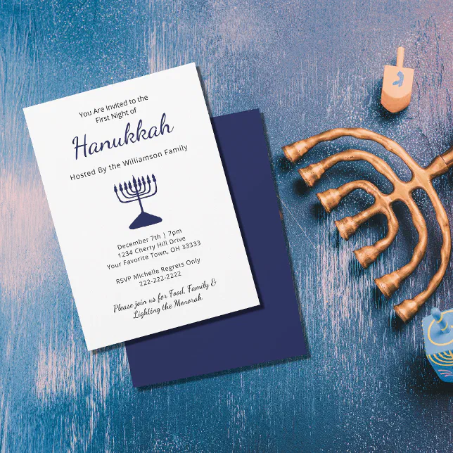 Simple Blue Menorah Family Hanukkah Party Invitation | Zazzle