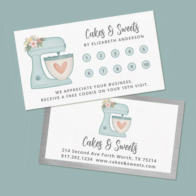 Simple Blue Mixer Floral Cake Bakery Business Loyalty Card | Zazzle