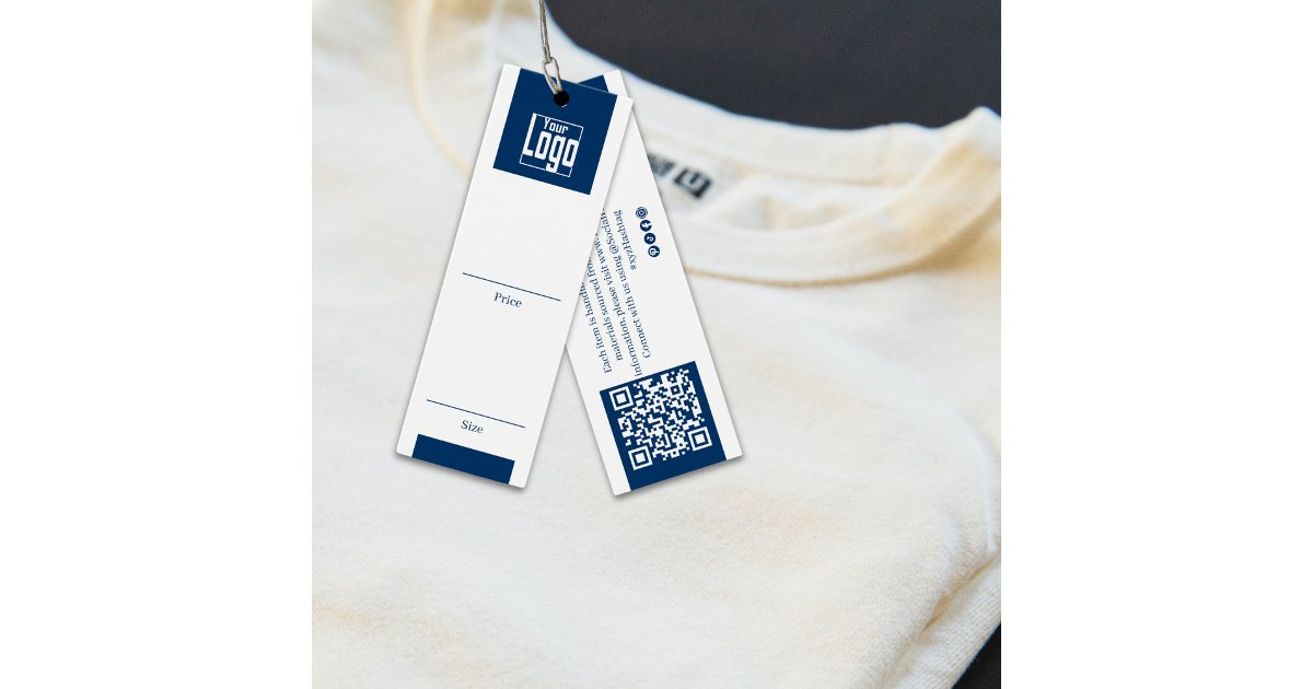 Simple Blue White Logo QR Code Clothing Price Tag | Zazzle