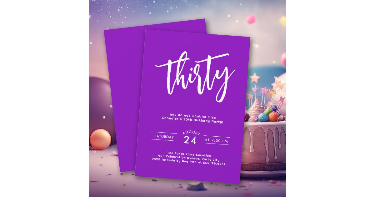 Simple Bold Purple Colourful 30th Birthday Party Invitation | Zazzle