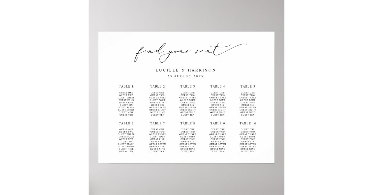 Simple Calligraphy Wedding 10 Tables Seating Plan Poster | Zazzle