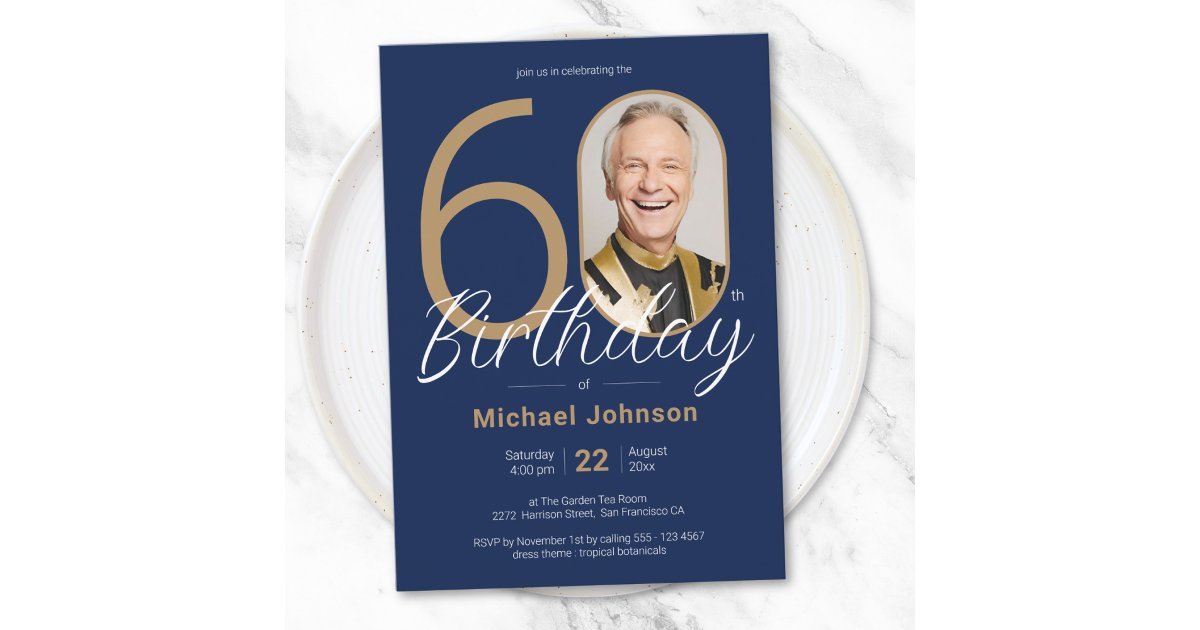 Simple Custom Photo Navy Blue 60th Birthday Invitation | Zazzle