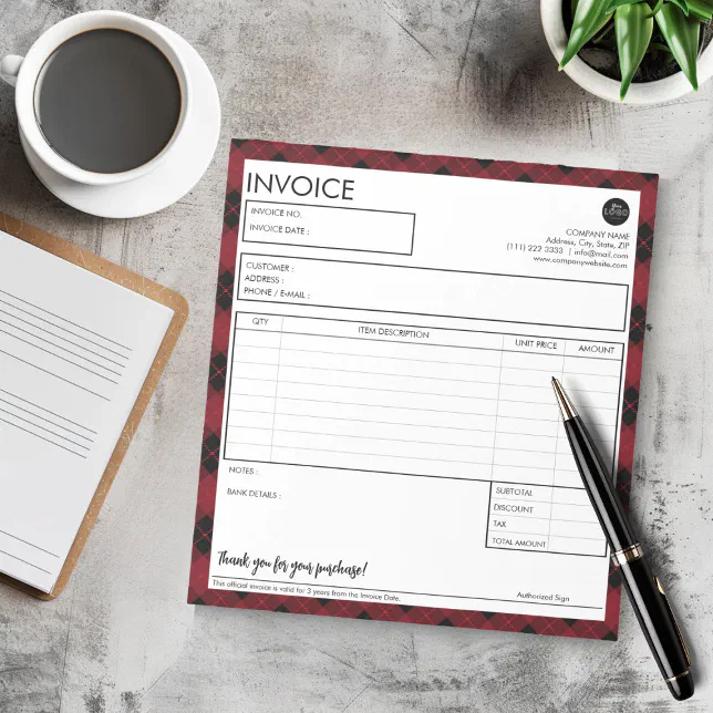 Simple Custom Red Plaid Border Invoice Template Notepad | Zazzle