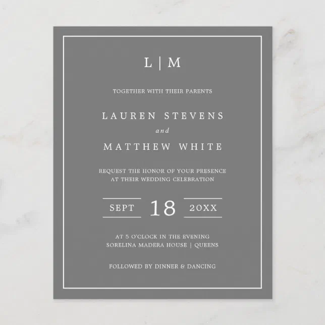 Simple Dark Grey Monogram Budget Wedding Invite | Zazzle