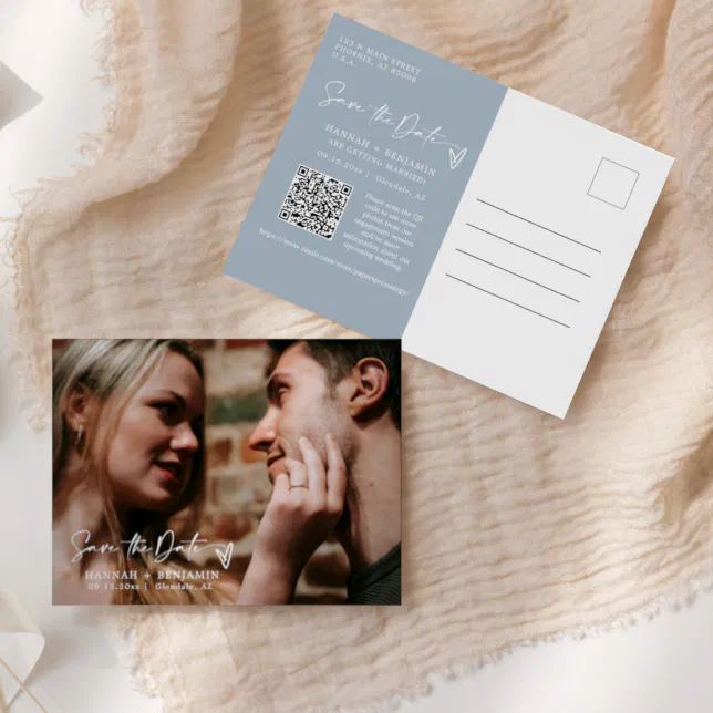 Simple Dusty Blue Boho Save the Date QR Code Photo Postcard | Zazzle