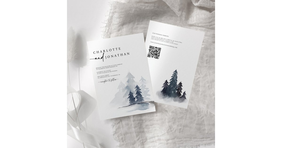 Simple Dusty Blue Mountain QR Code Wedding Invitation | Zazzle