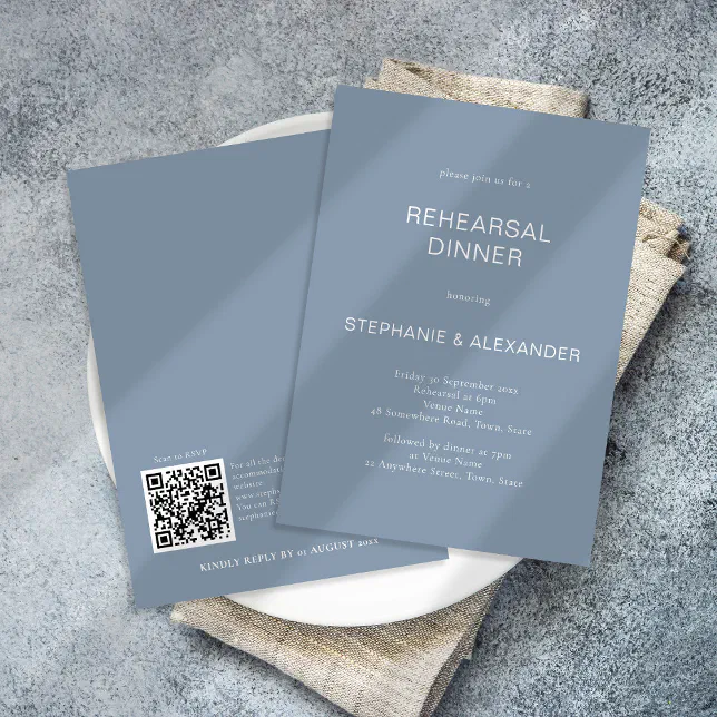 Simple Dusty Blue QR Code Rehearsal Dinner Invitation | Zazzle
