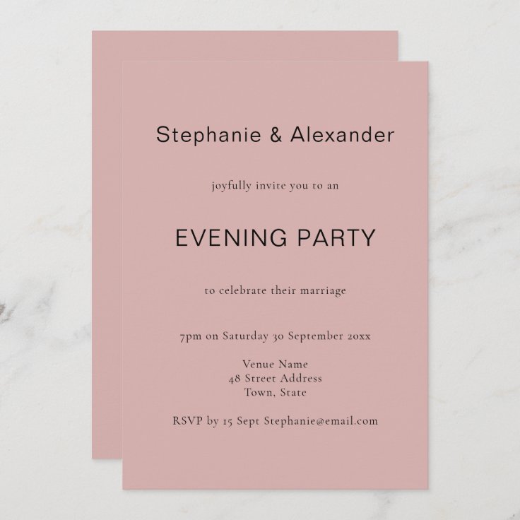 Simple Dusty Rose Pink Wedding Evening Party Invitation | Zazzle