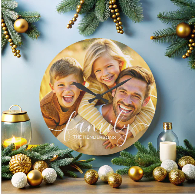 Simple Elegant Family Photo Text Overlay Large Clock | Zazzle