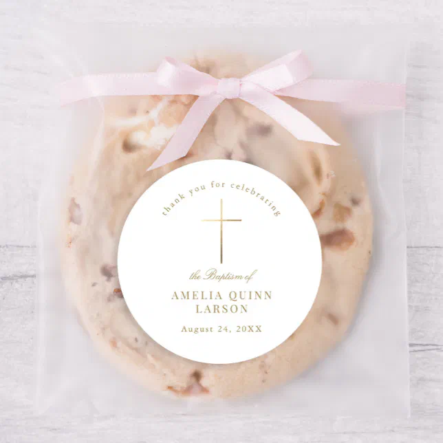 Simple Elegant Gold Cross Baptism Christening Classic Round Sticker ...