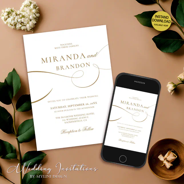 Simple Elegant Gold Script Wedding Invitation | Zazzle