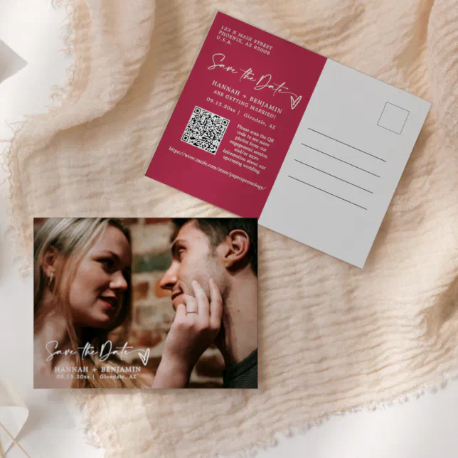 Simple Elegant Magenta Save the Date QR Code Photo Postcard | Zazzle