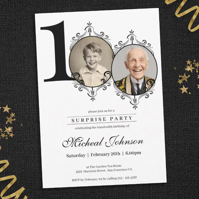 Simple Elegant Photo 100th Birthday Surprise Party Invitation | Zazzle