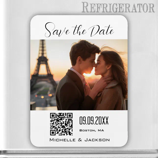 Simple Elegant Photo QR Code Save the Date Magnet | Zazzle