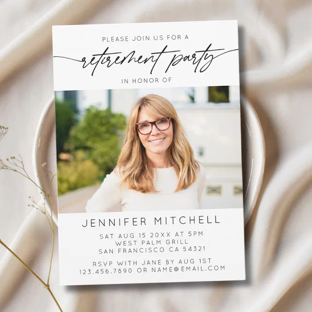 Simple Elegant Script Retirement Party Photo Invitation | Zazzle
