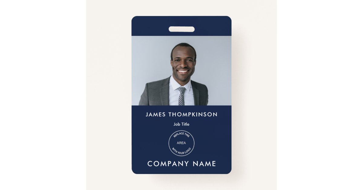 Simple Employee Photo ID Name Logo Navy Blue ID Badge | Zazzle