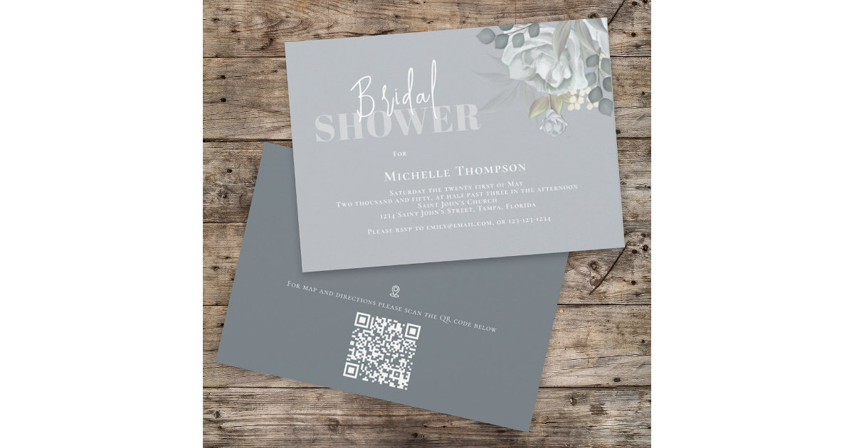 Simple Floral Bridal Shower Blue QR Code Map Invitation | Zazzle