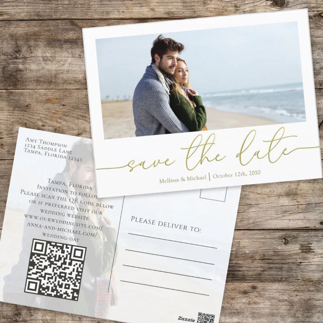 Simple Gold Calligraphy Modern Photo QR Code Postcard | Zazzle