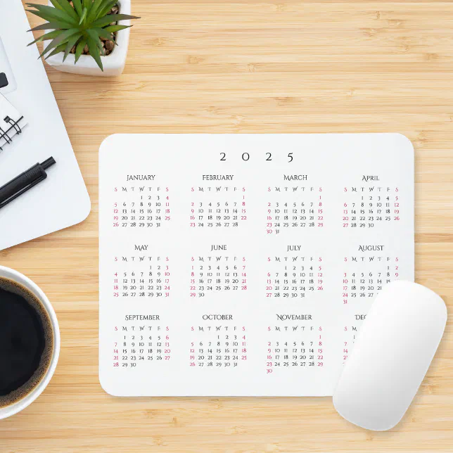 Simple Home Office 2025 Full Year Yearly Calendar Mouse Mat | Zazzle