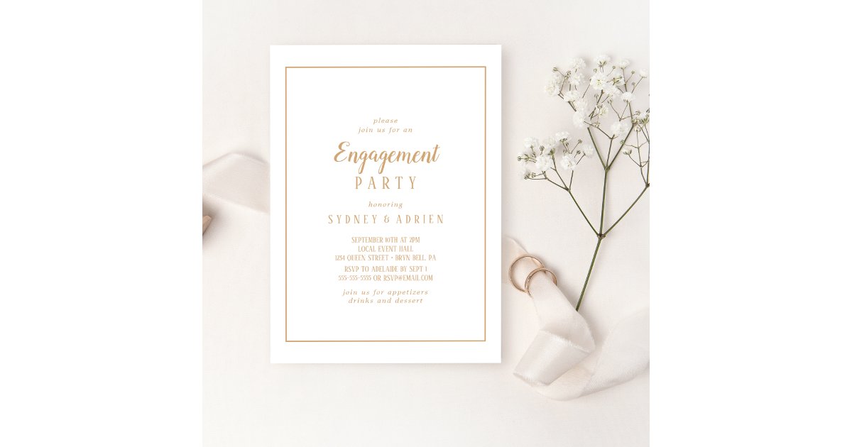 Simple Minimalist|Gold Frame Engagement Party Invitation | Zazzle