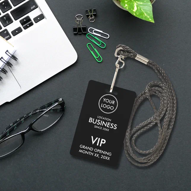 Simple Modern Add Logo Black and White VIP Pass ID Badge | Zazzle