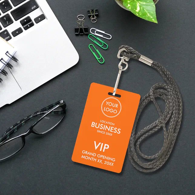 Simple Modern Add Logo Orange VIP Pass ID Badge | Zazzle
