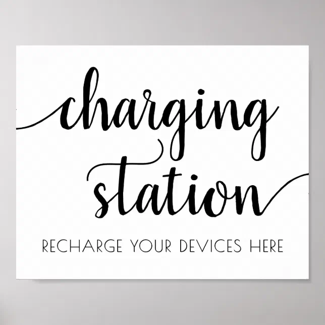 Simple Modern Charging Station | Black Script Sign | Zazzle