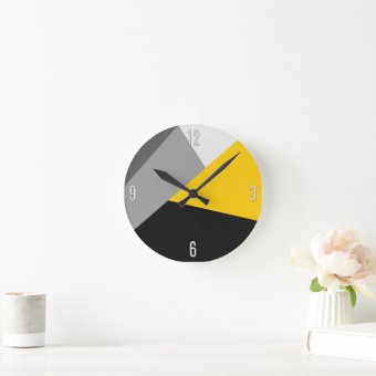 Simple Modern Grey Yellow and Black Geo Round Clock | Zazzle