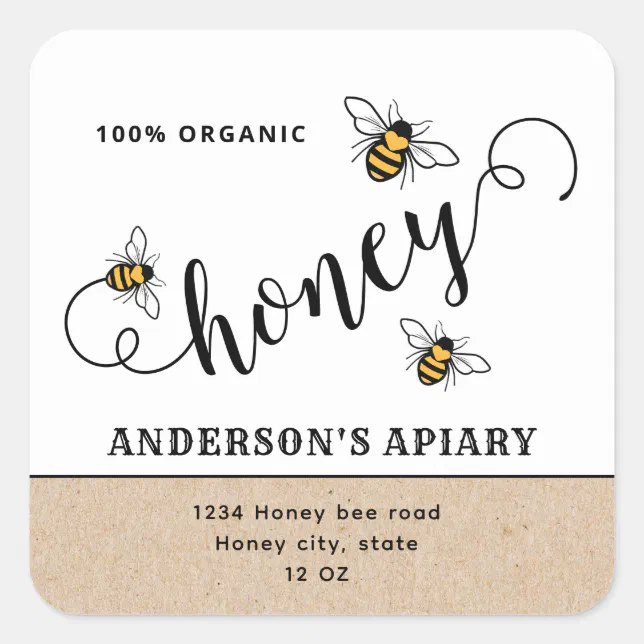 Simple Modern script Honey bee apiary Square Sticker | Zazzle
