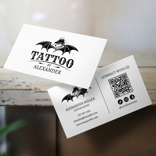 Simple Modern White Tattoo Artist Dragon QR Code Business Card | Zazzle