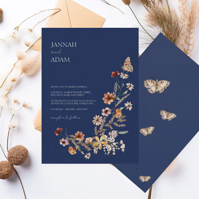 Simple Navy Blue Autumn Fall Wildflowers Wedding Invitation | Zazzle