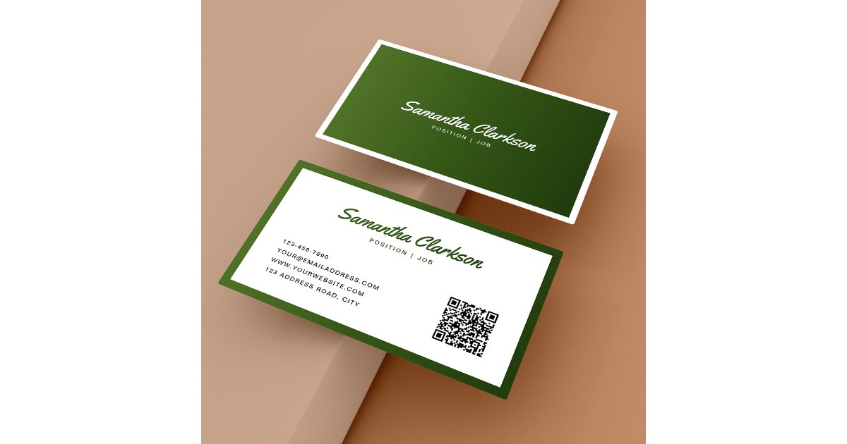 Simple Olive Green Border Script QR Code Business Card | Zazzle