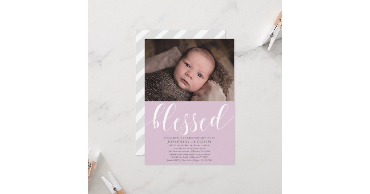 Simple Script Blessed Photo Christening Invitation | Zazzle