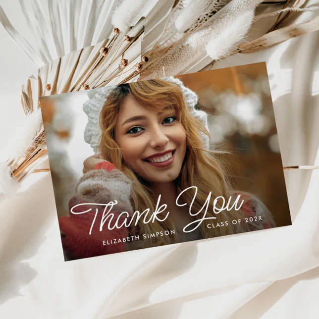 simple script graduation thank you photo card | Zazzle