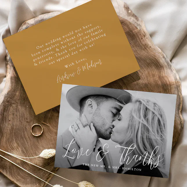 Simple Script Love and Thanks Ochre Photo Wedding Thank You Card | Zazzle