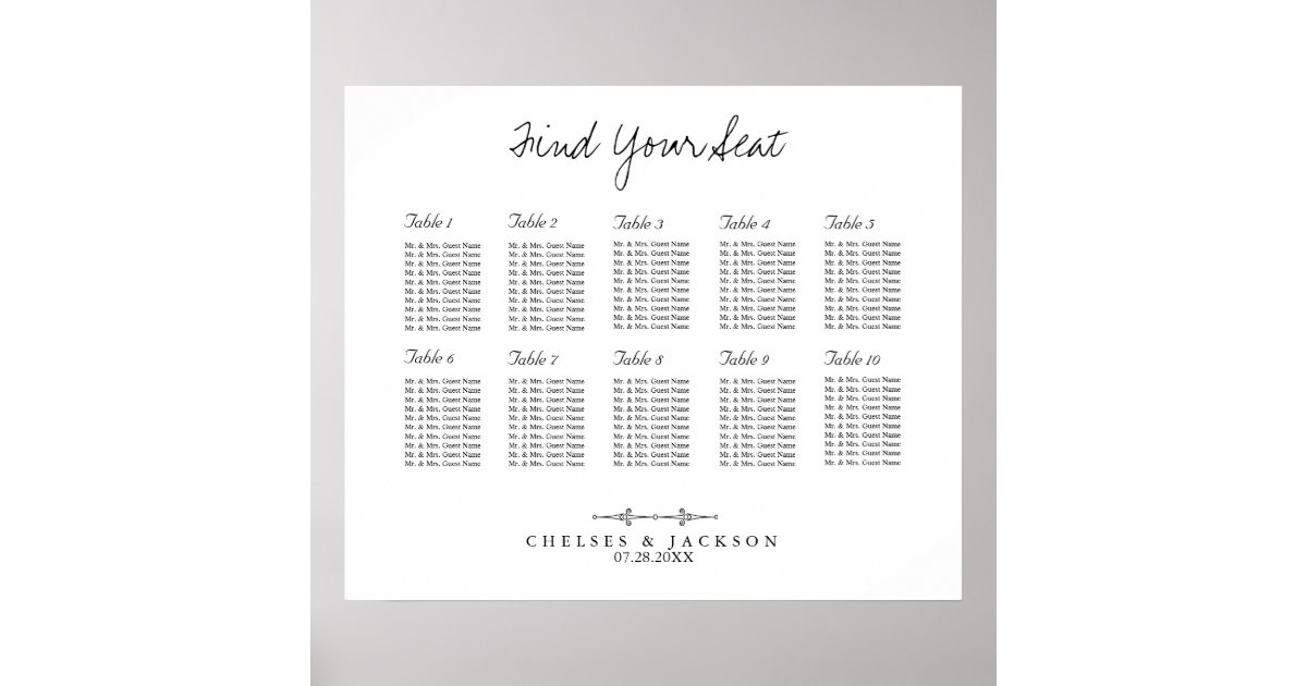 Simple Seating 10 Table Chart | Zazzle