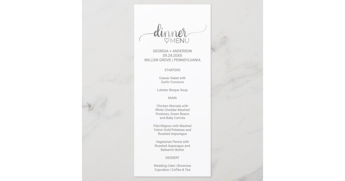 Simple Silver Calligraphy Wedding Dinner Menu Card | Zazzle