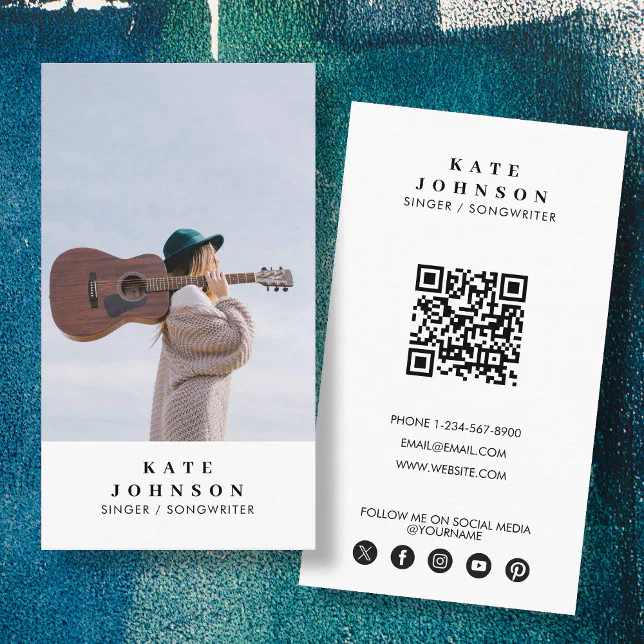 Simple Singer Musician Photo Social Media QR Code Business Card | Zazzle