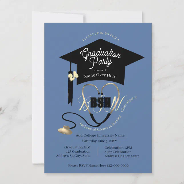 Simple Stylish Blue Editable Nurse Grad Party Invitation | Zazzle