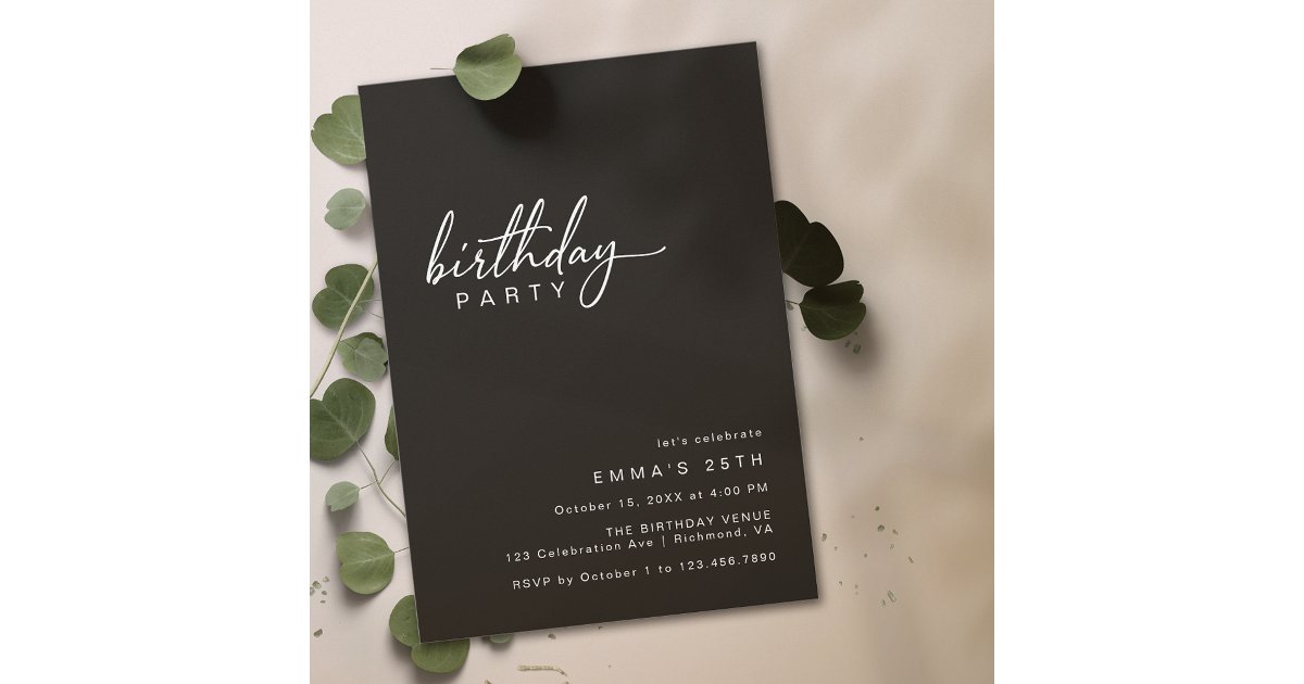 Simple Typography | Modern Black Birthday Party Invitation | Zazzle