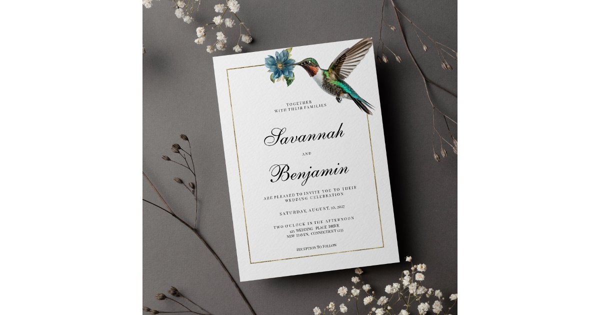 Simple white gold colourful hummingbird wedding Invitation | Zazzle