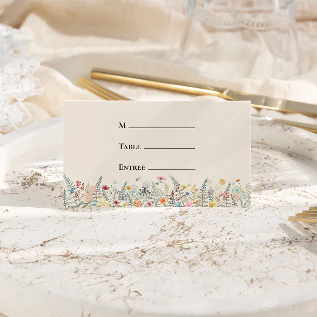 Simple Wildflower Wedding Entree Choice Folded Place Card | Zazzle