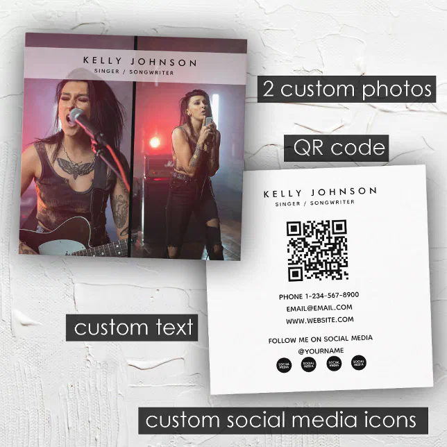 Singer Musician Songwriter 2 Photos QR Code Square Business Card | Zazzle