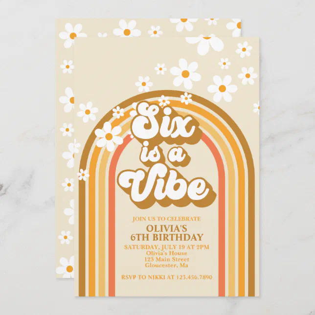 Six is a Vibe Retro Rainbow Groovy 6th Birthday Invitation | Zazzle