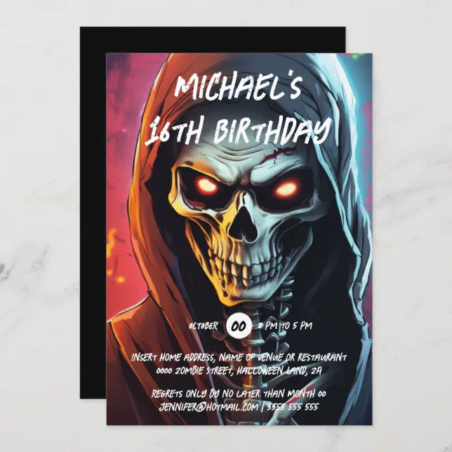 Skeleton assassin halloween theme birthday party invitation | Zazzle