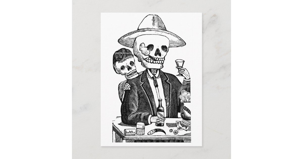Skeleton Drinking Tequila and Smoking, Mexico Postcard | Zazzle