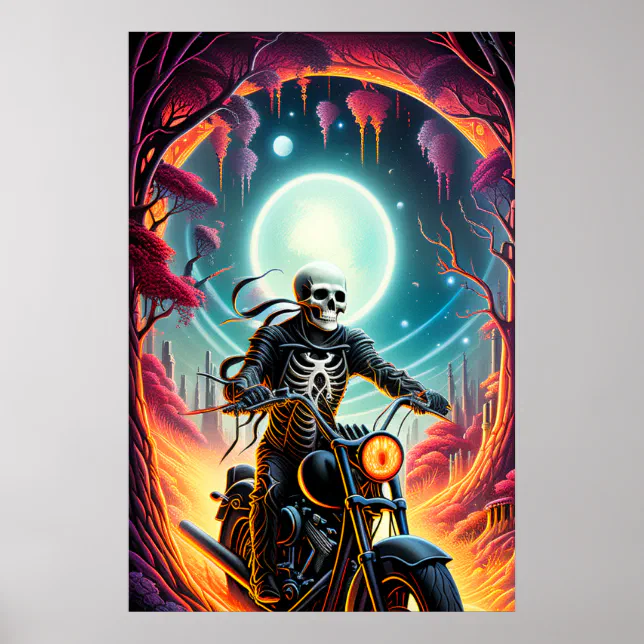 Skeleton Riding through the fire cave Poster | Zazzle