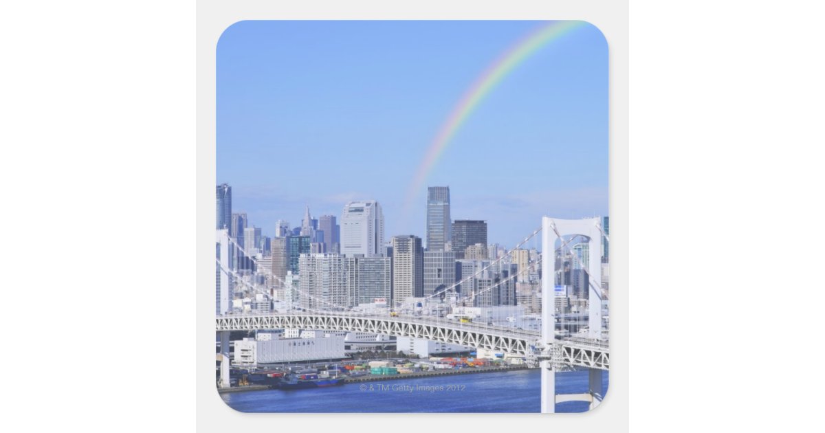 Skyline of Tokyo and Rainbow Bridge Square Sticker | Zazzle