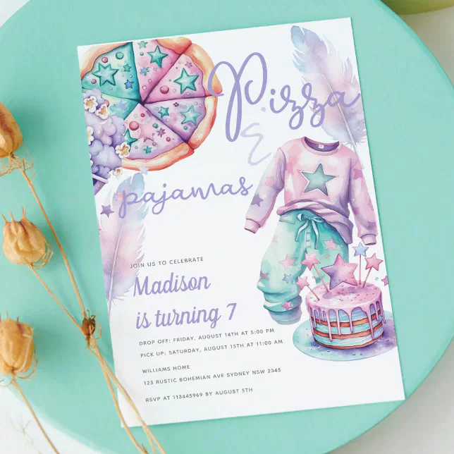 Sleepover Girl Birthday Pizza & Pyjamas Invitation | Zazzle